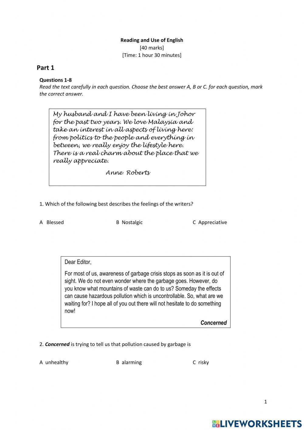 1538547 | Reading & Use of English(Paper 1) Part 1-3