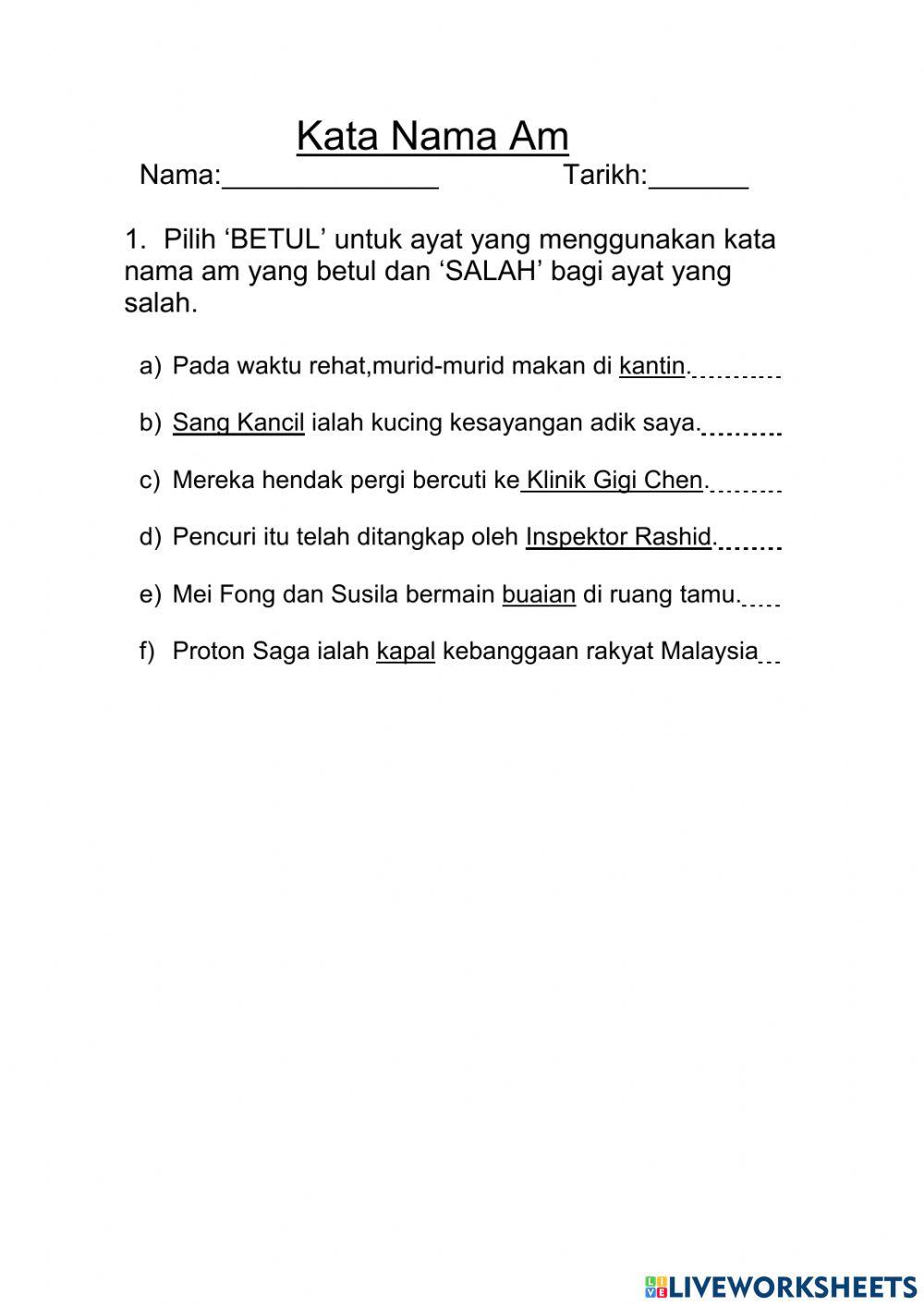 Kata Nama Am worksheet for thn 4-6 | Live Worksheets
