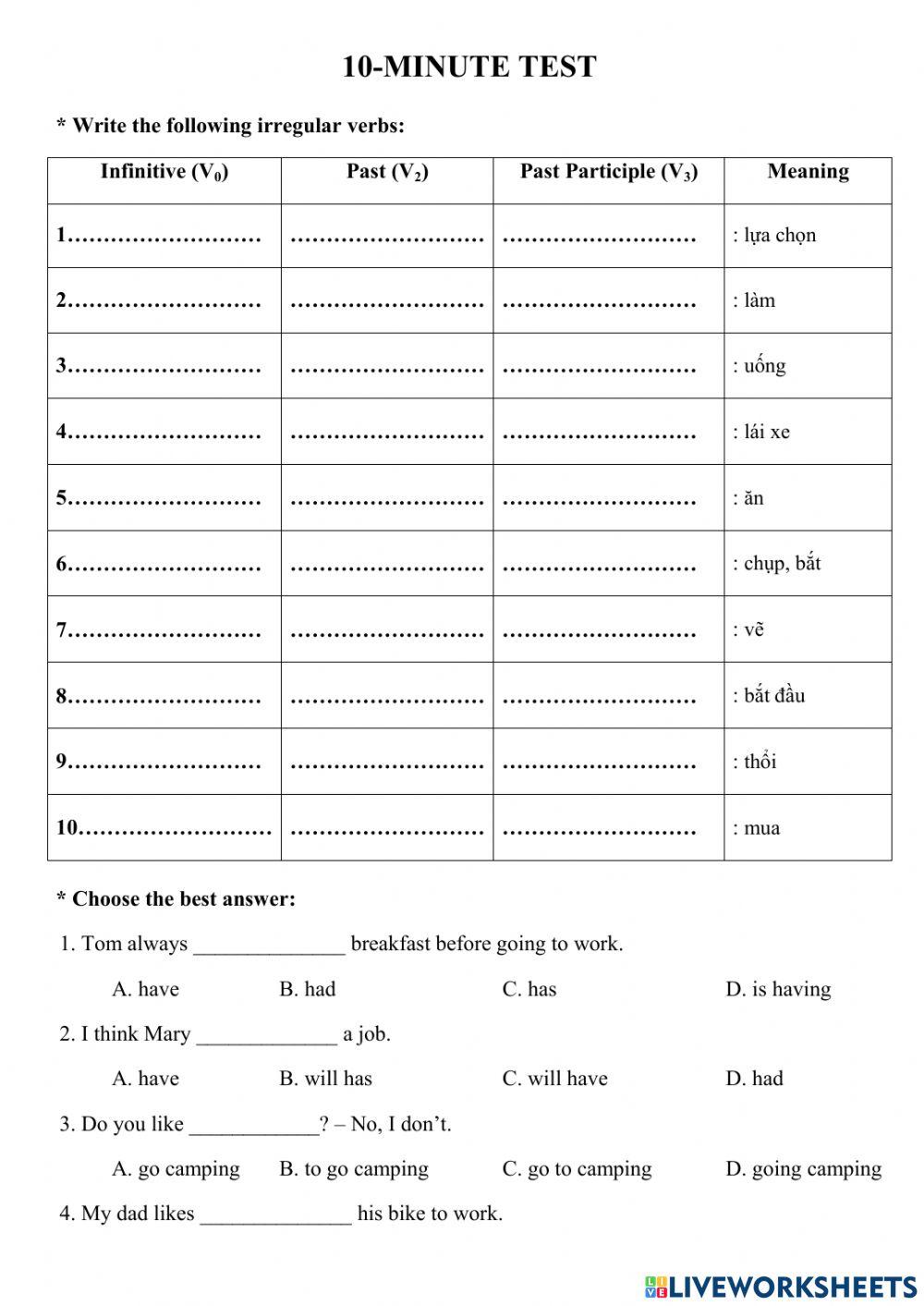 10-minute test (1)-k7 worksheet | Live Worksheets