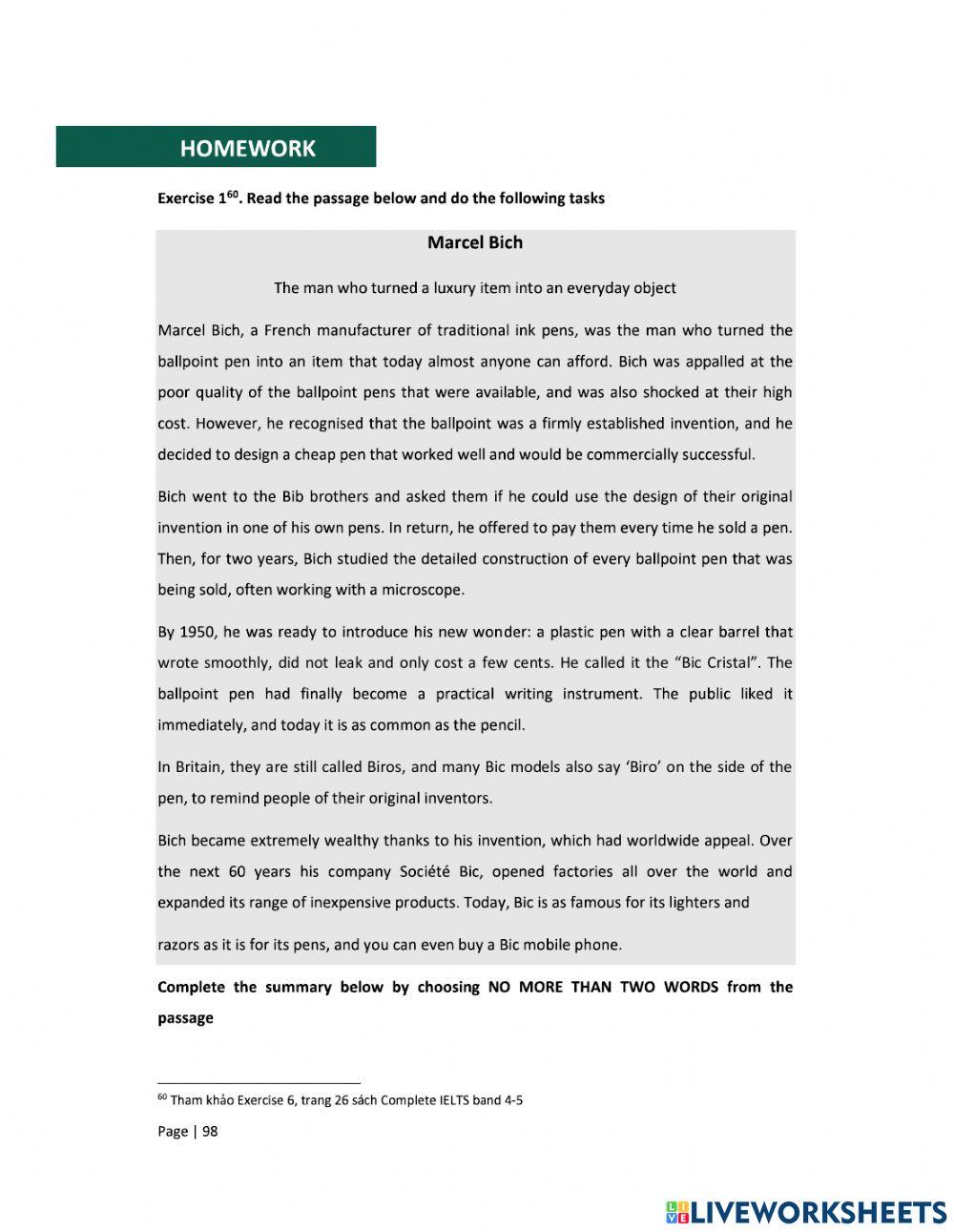 Reading: Homework unit 3 worksheet | Live Worksheets