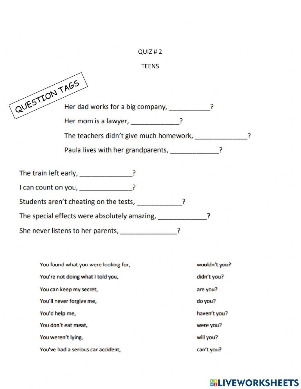 Teens- Quiz 2 worksheet | Live Worksheets