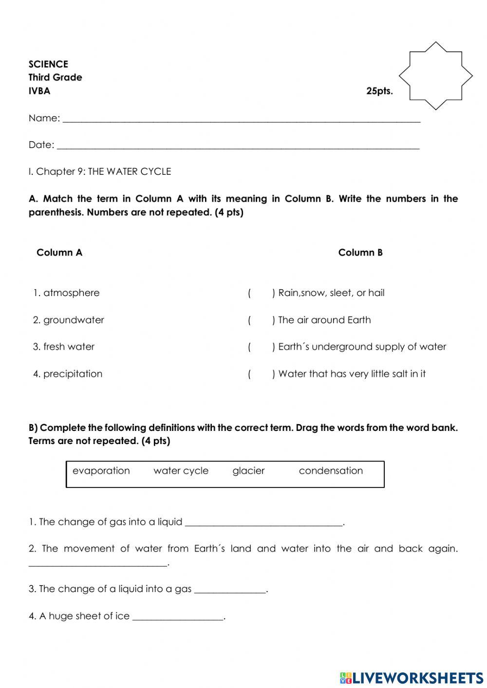IV BA Science Test Water Cycle 1540027 | Montserrat Mora