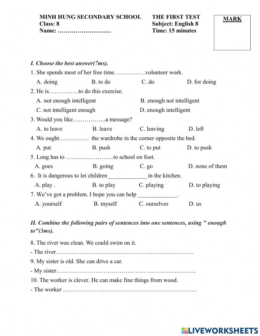 Kiem tra 15 phut lan 1 activity | Live Worksheets