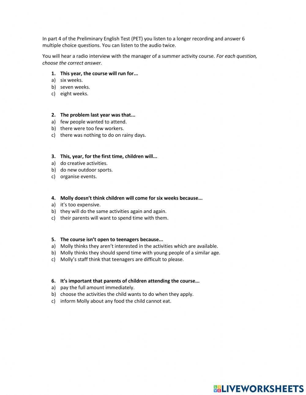 B1 PET Listening Part 2020 Interactive Worksheet Live, 51% OFF B1 PET Listening Part 2020 Interactive Worksheet Live, 51% OFF