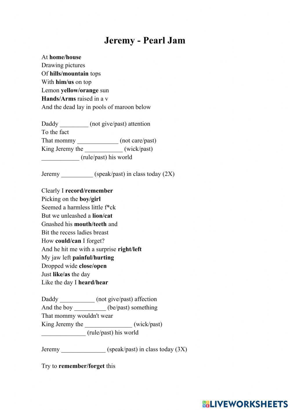 Song: Jeremy - Pearl Jam worksheet | Live Worksheets