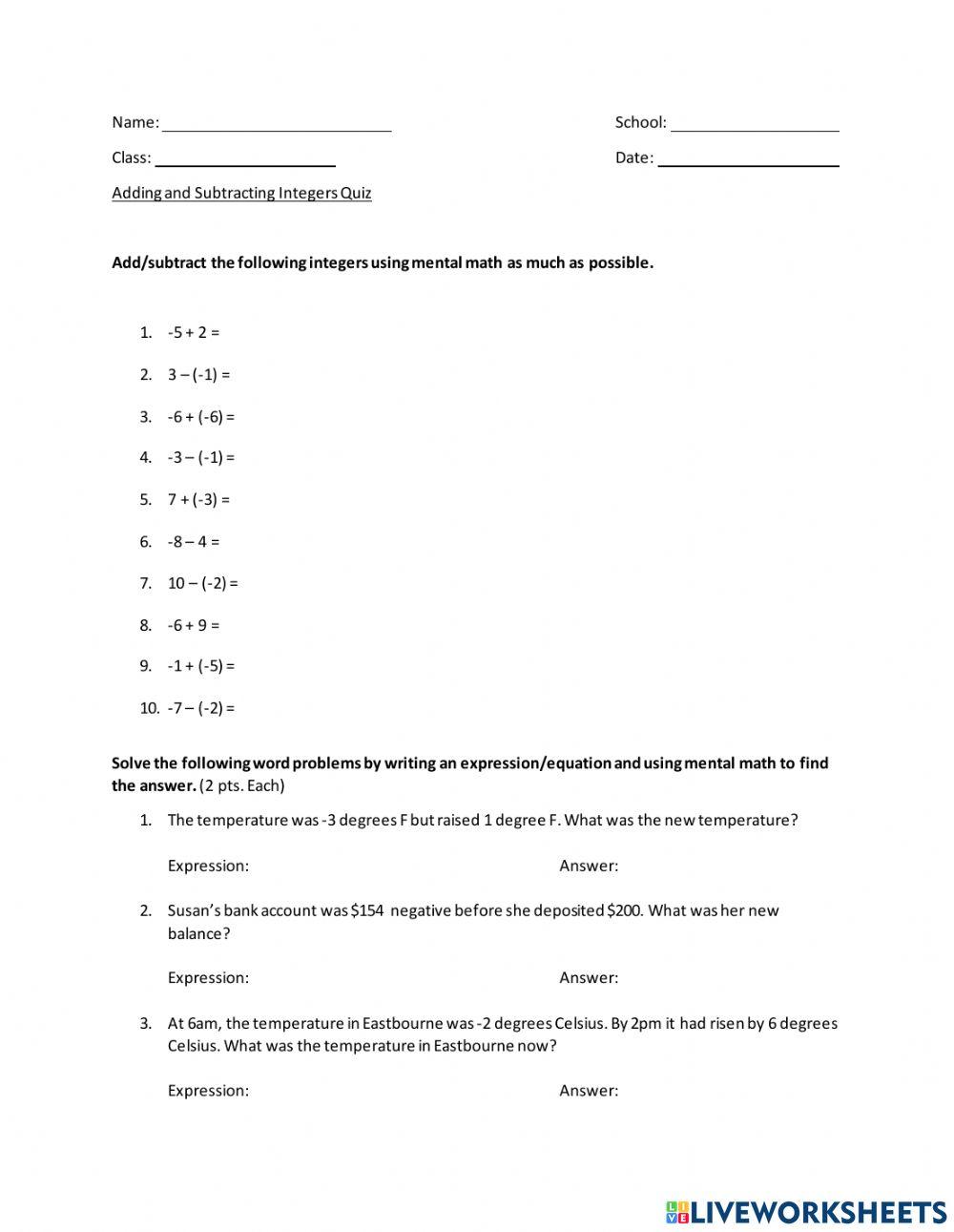 Adding And Subtracting Integers Online Exercise Live Worksheets Adding And Subtracting Integers Online Exercise Live Worksheets