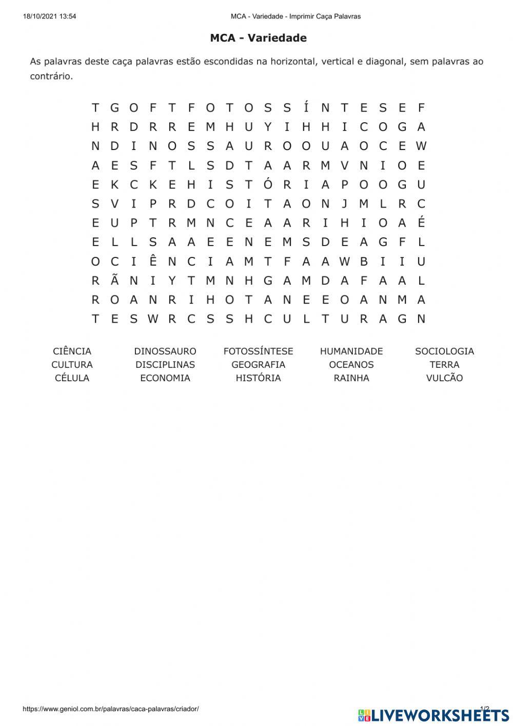 Mca - variedade worksheet | Live Worksheets