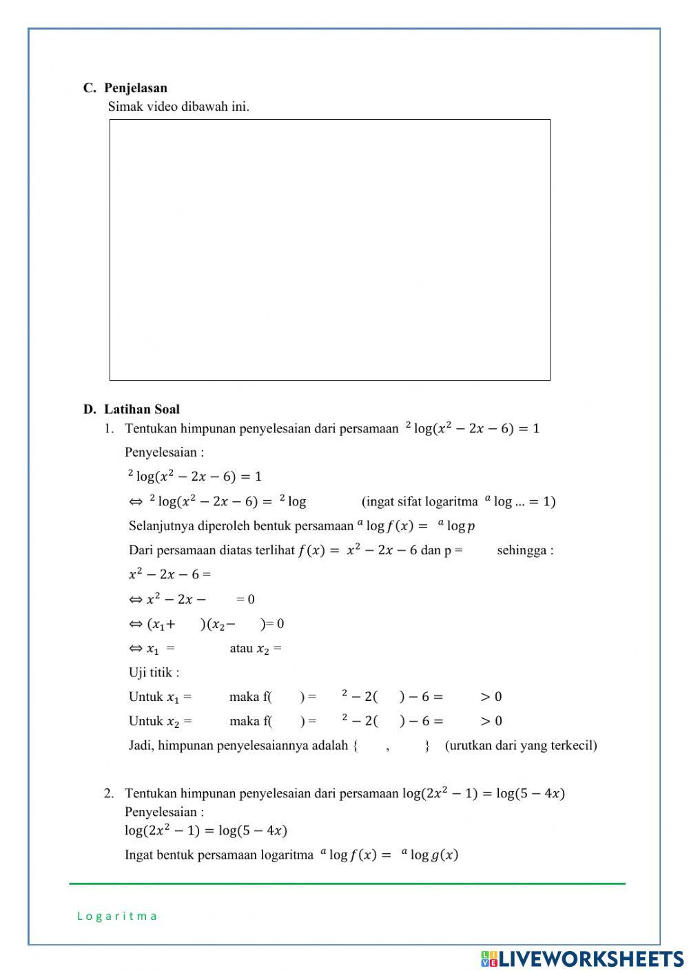 Bentuk Persamaan Logaritma worksheet | Live Worksheets