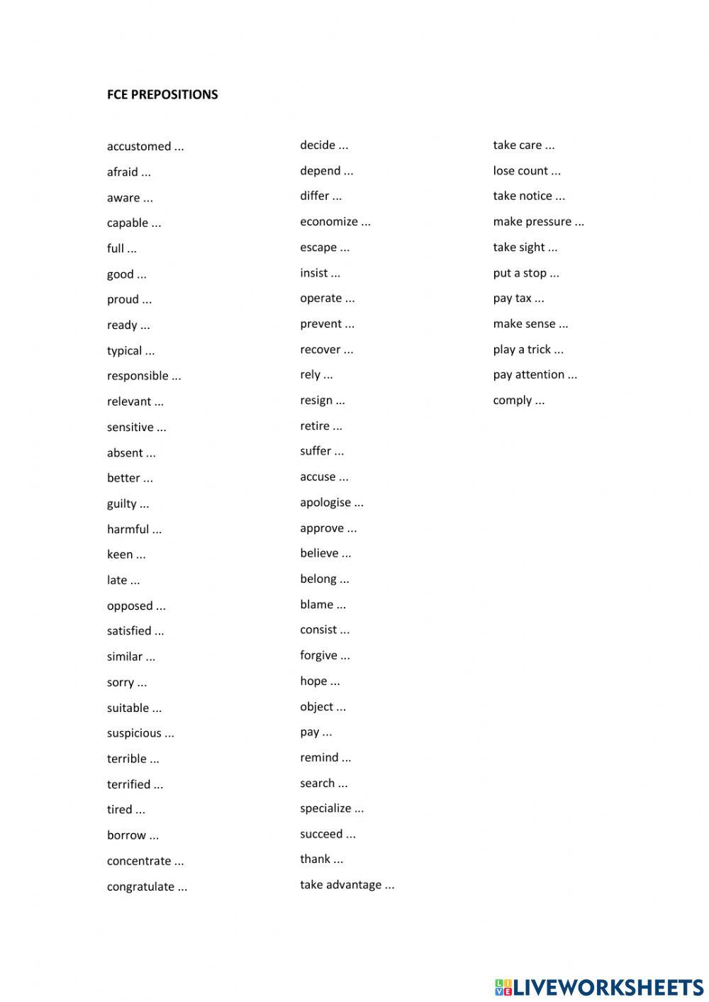 FCE PREPOSITIONS worksheet | Live Worksheets