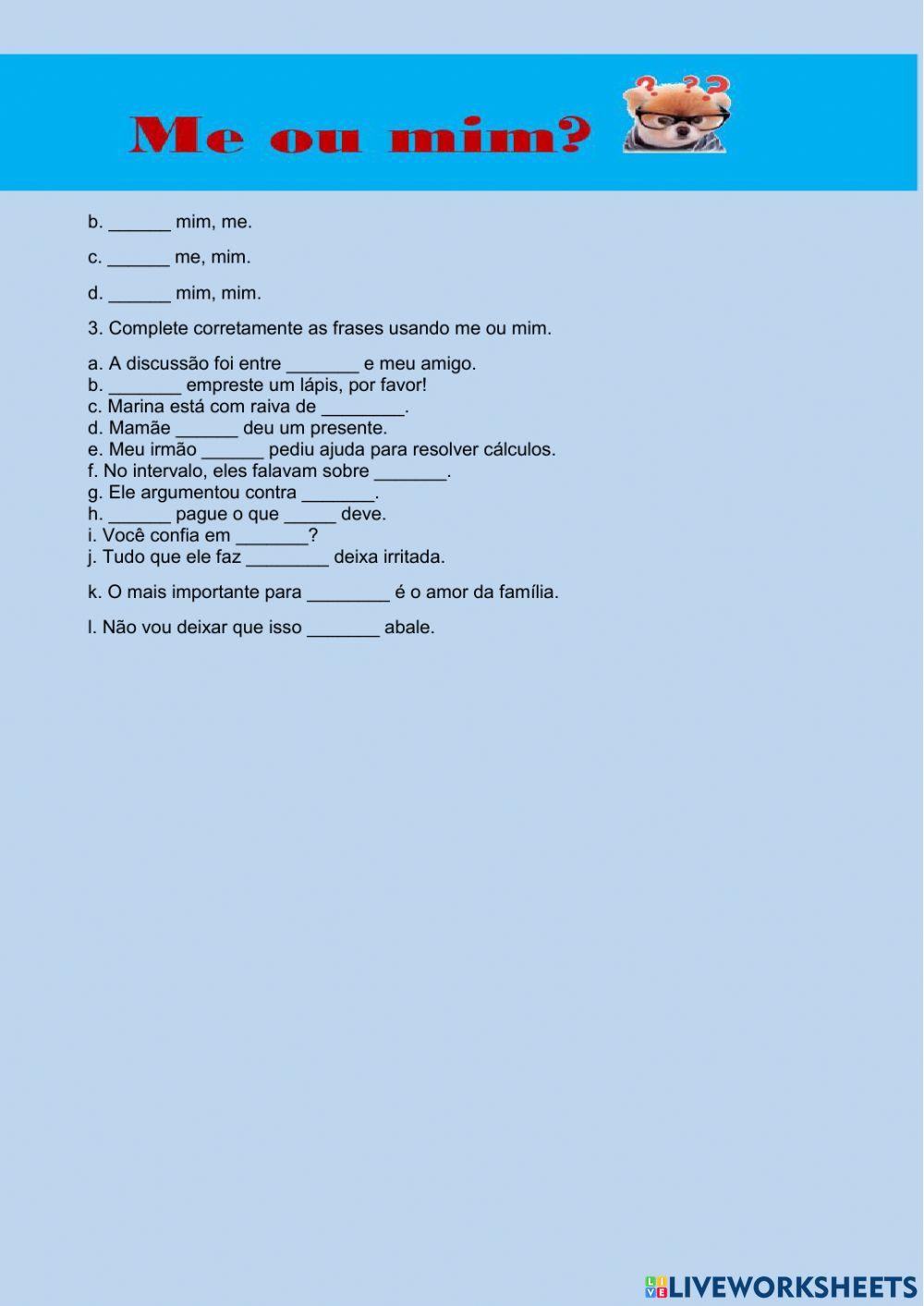 Me ou mim worksheet | Live Worksheets