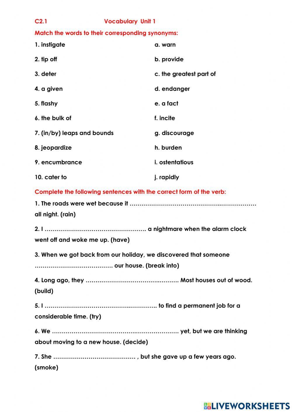C2.1 Unit 1 Voc… | Free Interactive Worksheets | 1541165