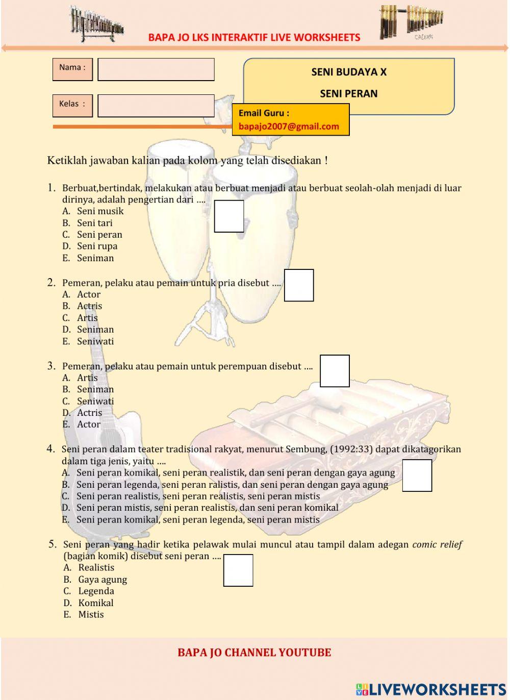 Seni peran worksheet | Live Worksheets