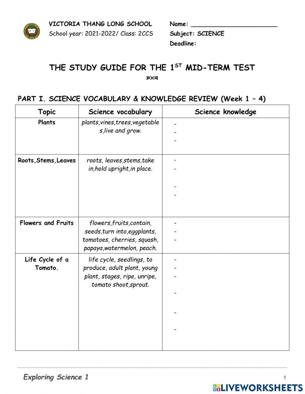 Revision-2ccs-science-1st midterm 2021-2022 worksheet | Live Worksheets