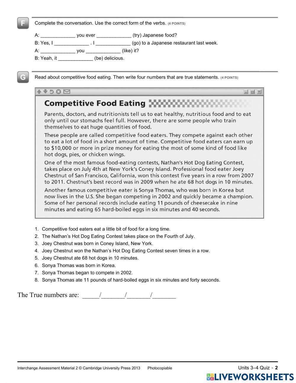 INTERCHANGE B2 QUIZ UNITS 3-4 online exercise for | Live Worksheets