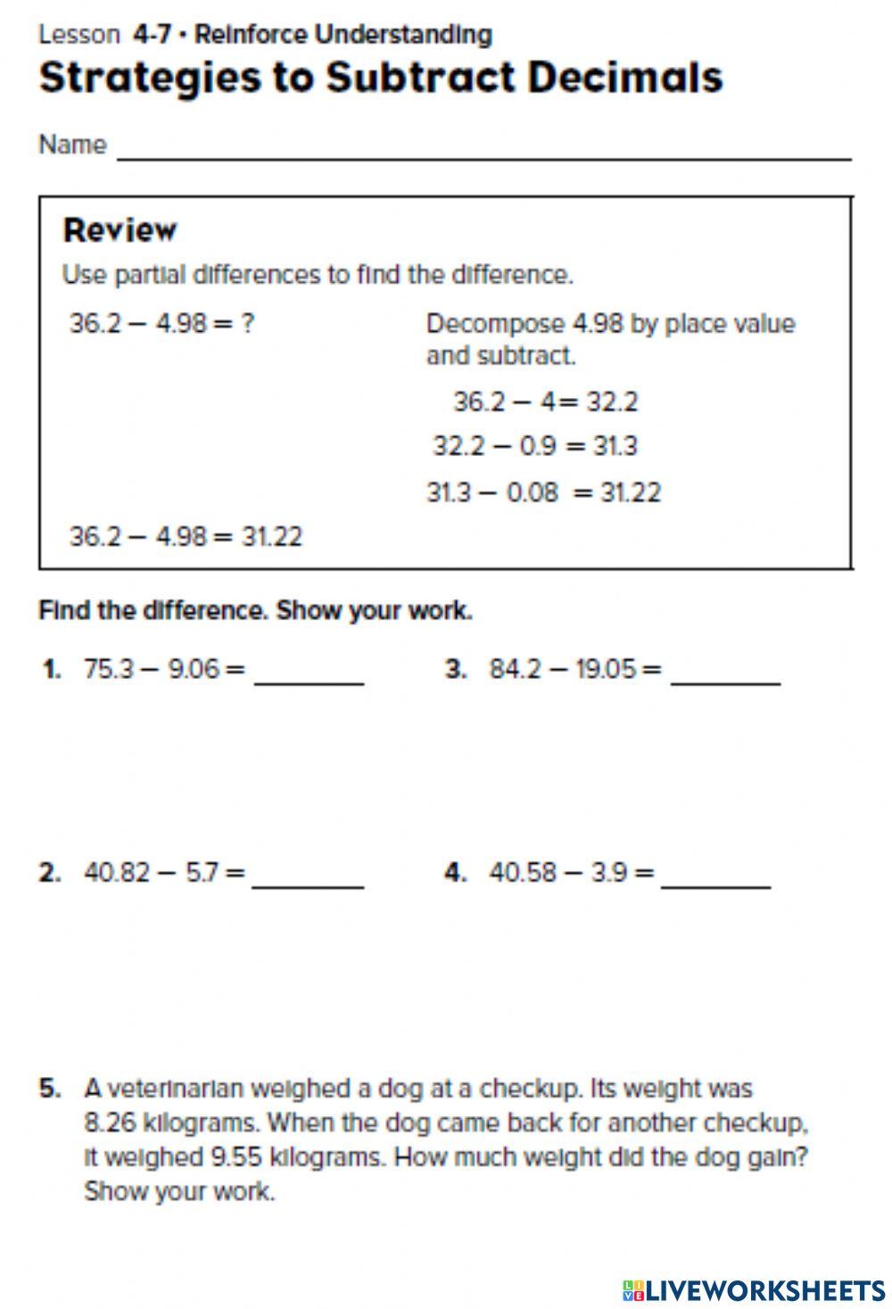Subtract Decimals Live Worksheets Subtract Decimals Live Worksheets