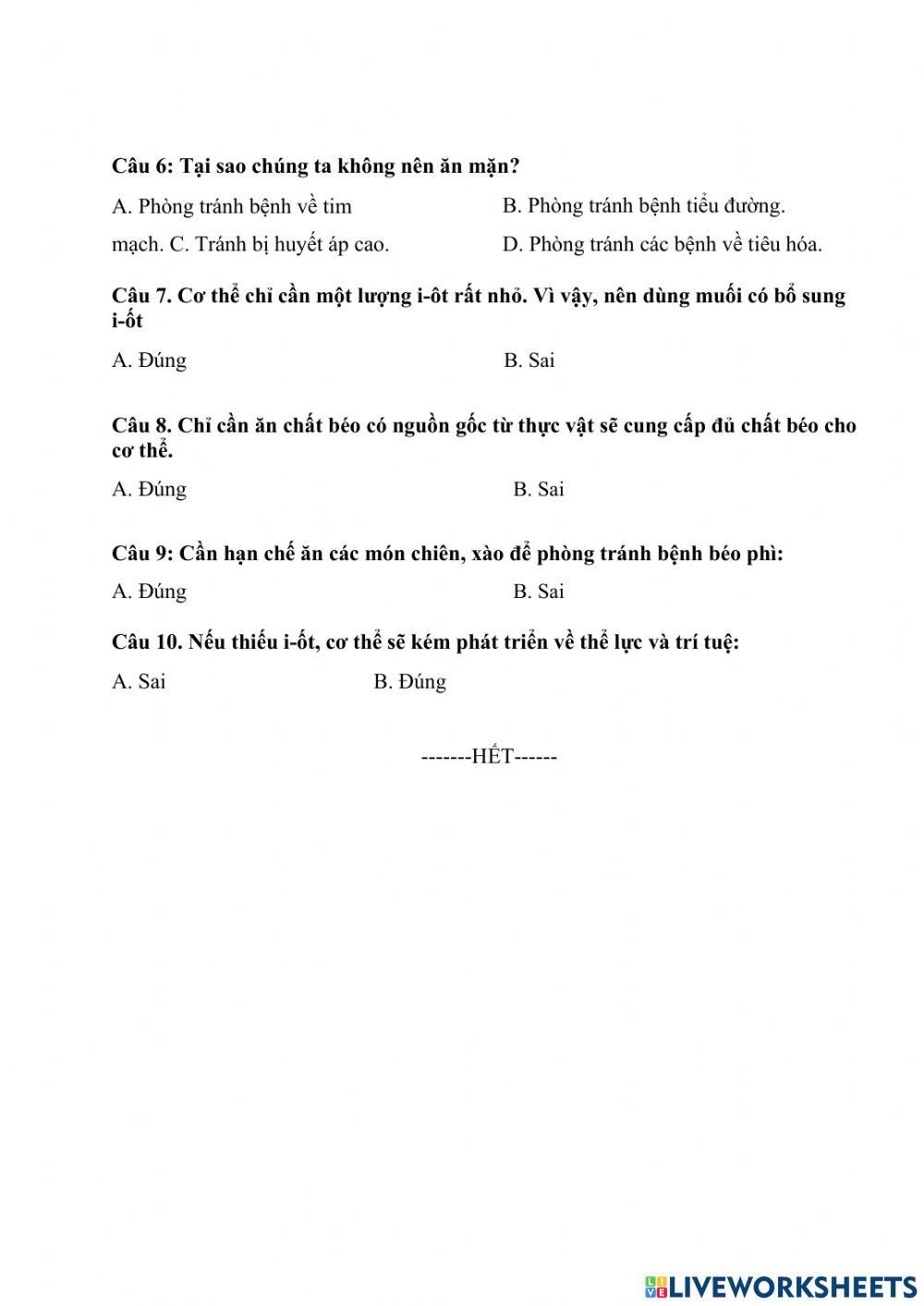 Khoa học bài 9 worksheet | Live Worksheets
