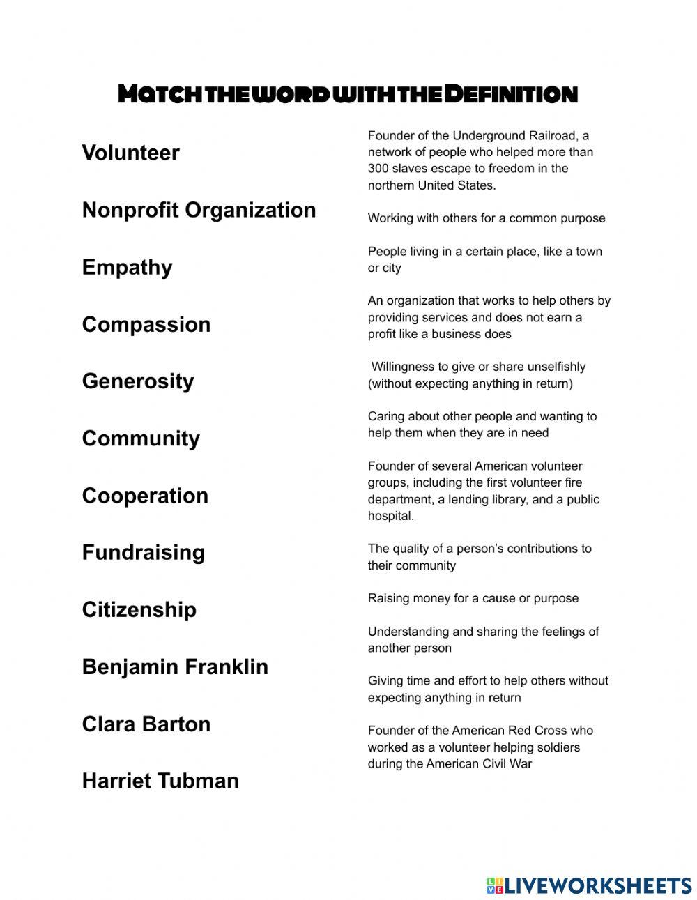 Volunteer Vocabulary interactive worksheet | Live Worksheets