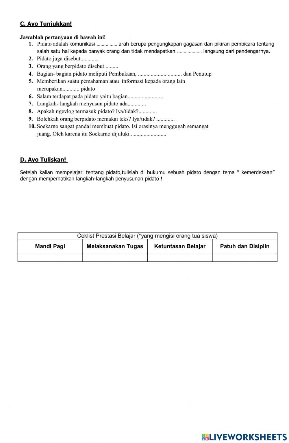 Pidato activity for 6 | Live Worksheets
