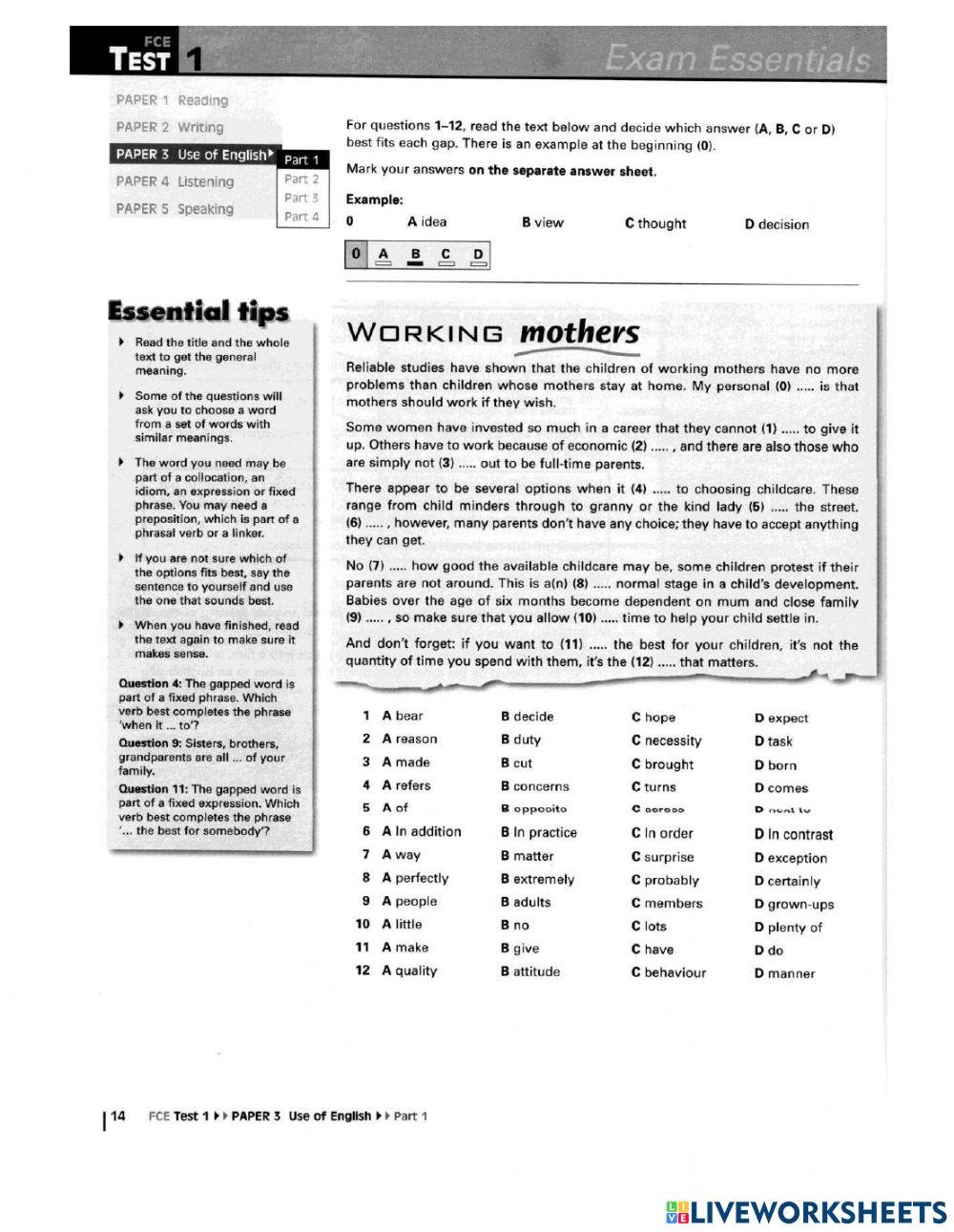 FCE-Test 1 Use of English worksheet | Live Worksheets