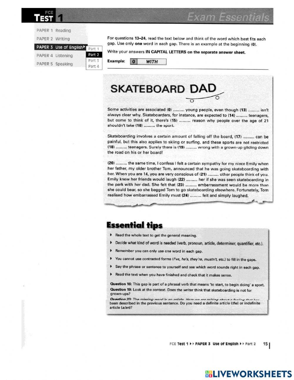 FCE-Test 1 Use of English worksheet | Live Worksheets