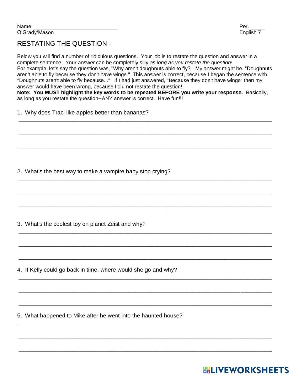 Restate and Answer online exercise for | Live Worksheets