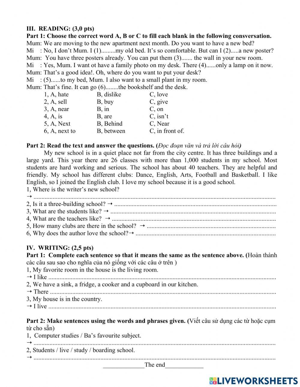 test 1 grade 9 worksheet | Live Worksheets