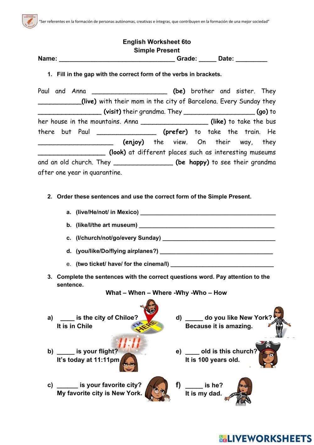 Simple Present online exercise for 6th grade | Live Worksheets