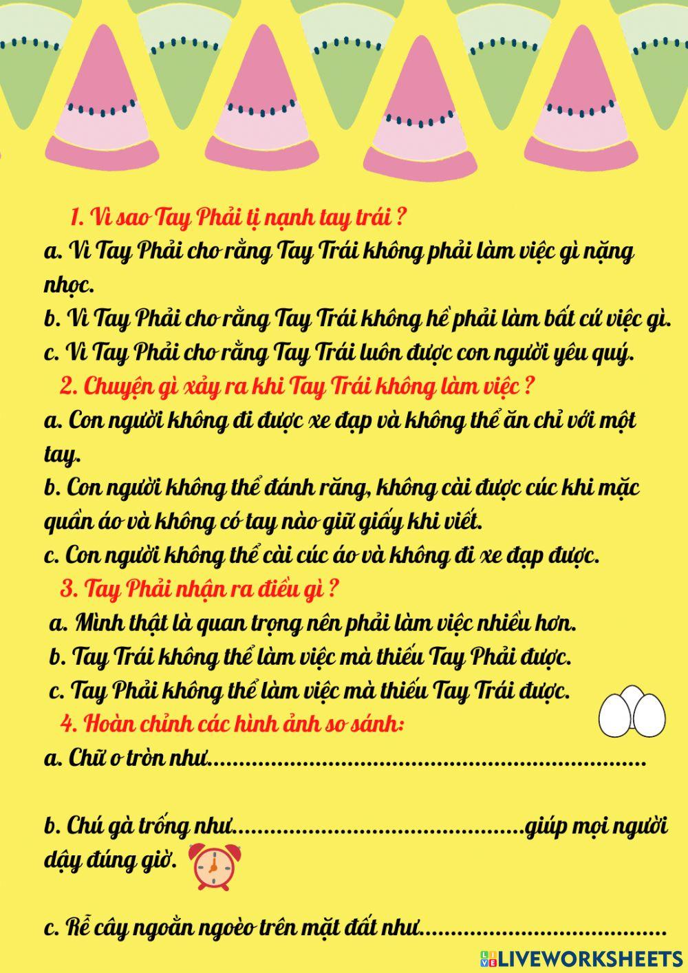 Đọc hiểu tay phải tay trái worksheet | Live Worksheets