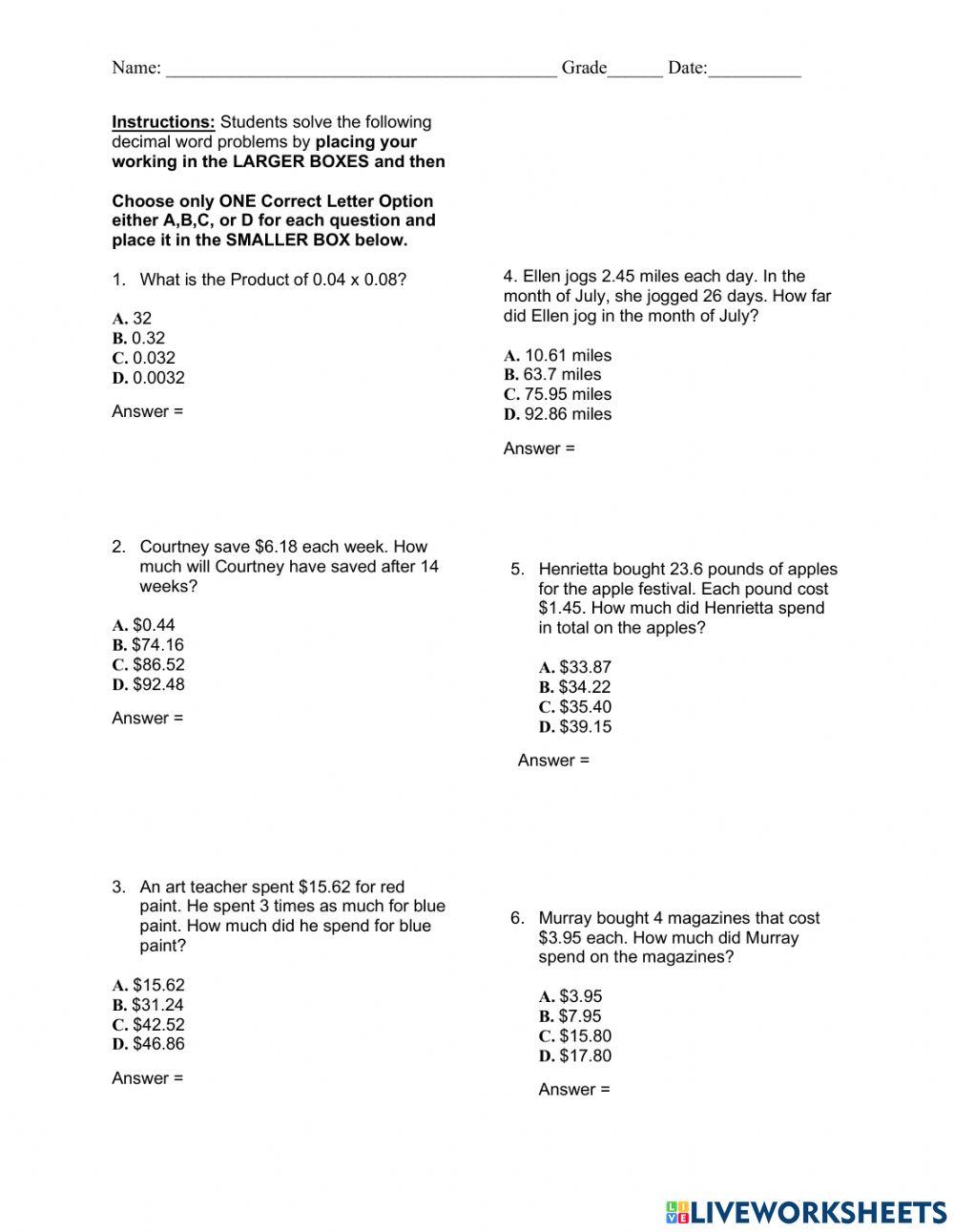 multiplying decimals by decimals word problems