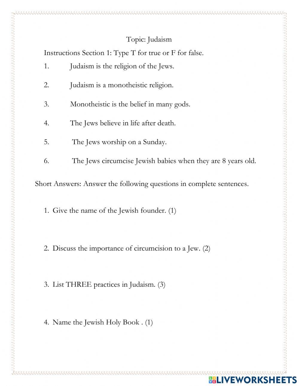 Judaism Part 1 | Free Interactive Worksheets | 1543469