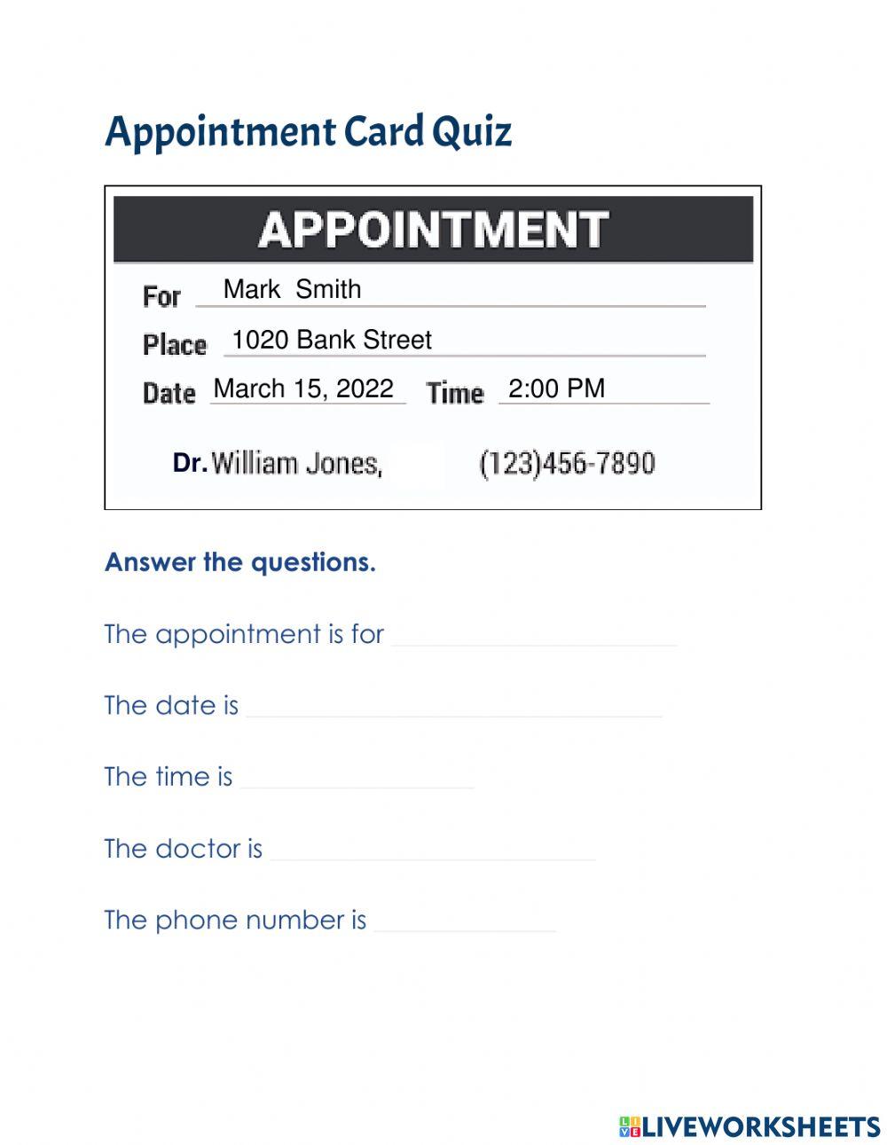 Appointment card quiz 1 worksheet | Live Worksheets