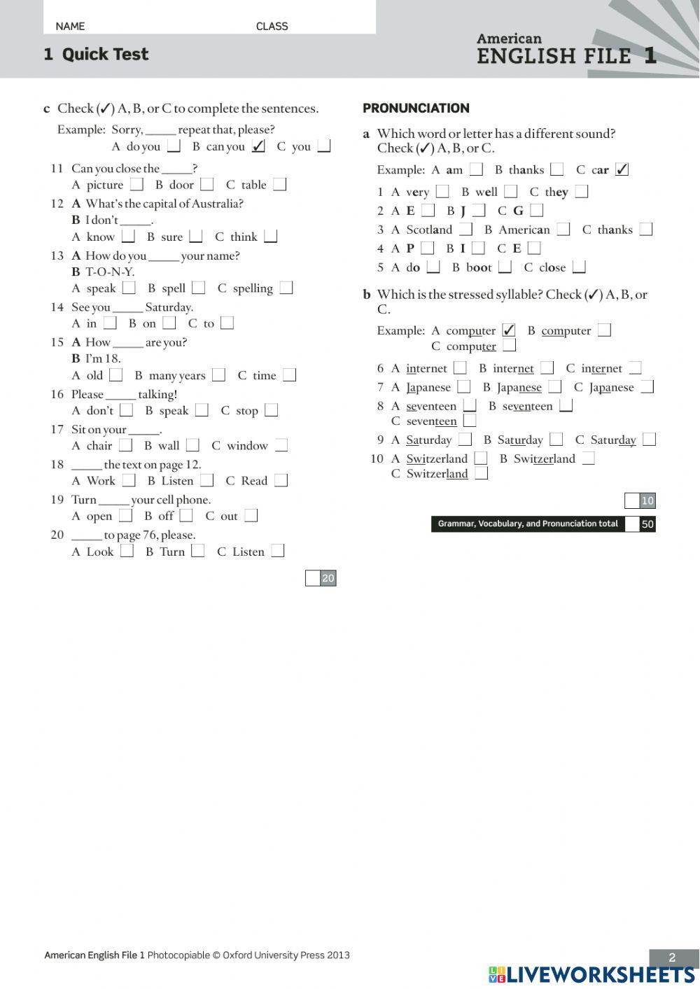 AEF-1-QUICK TES… | Free Interactive Worksheets | 5214029