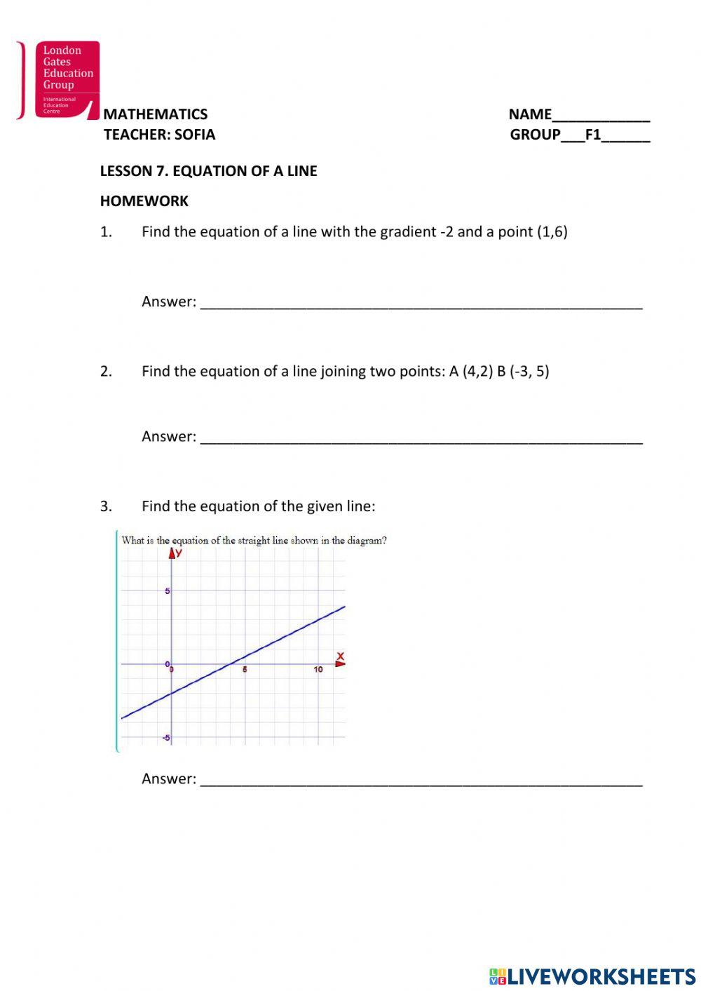 Line Equation Worksheet | Live Worksheets