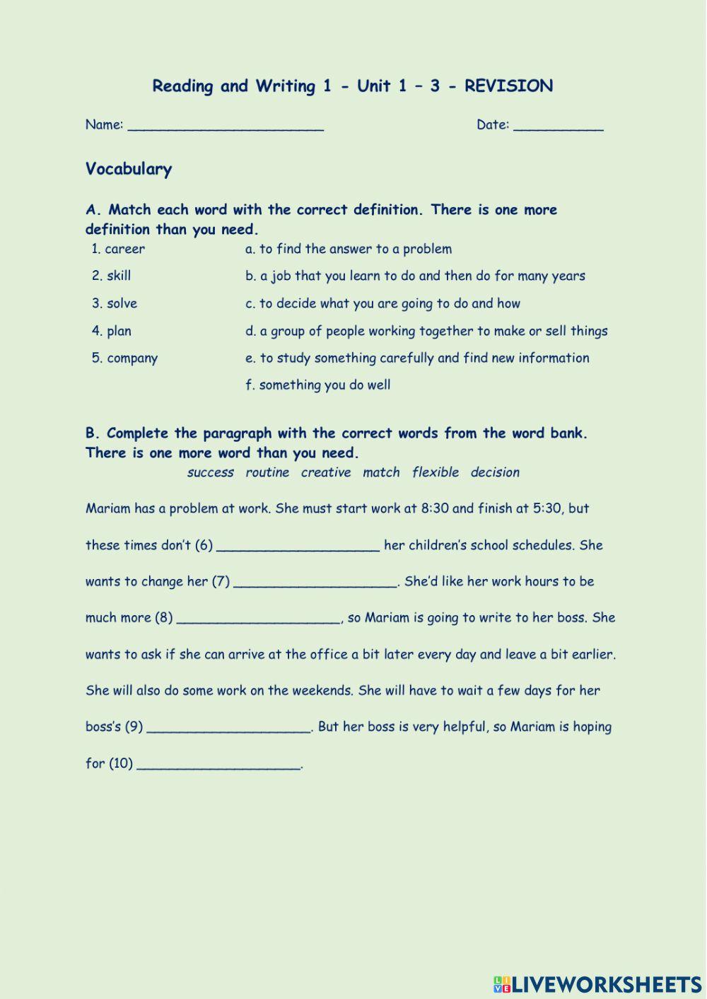Rw -1 unit 1 - 3 worksheet | Live Worksheets