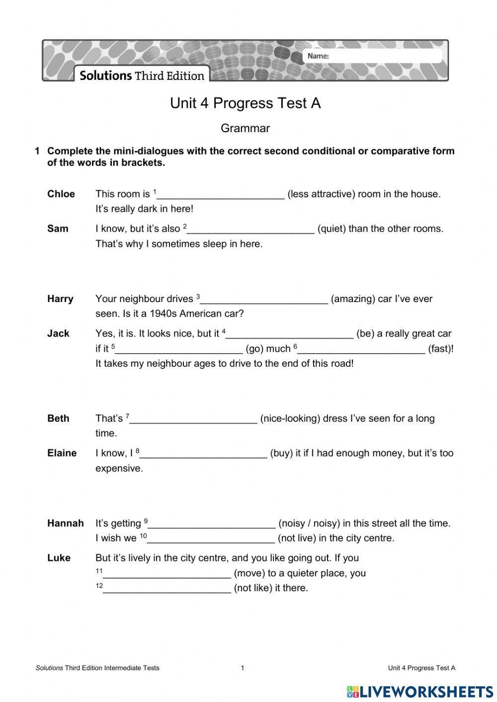 Solutions Intermediate 3rd edition Progress Test U4 a online exercise ...
