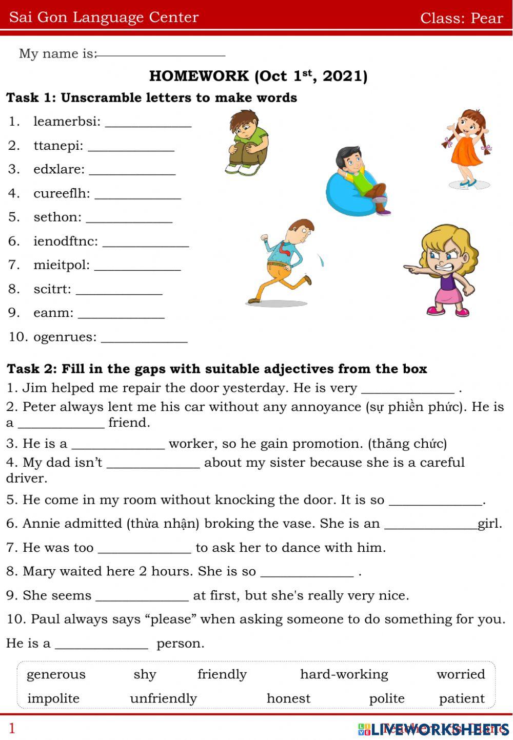 Homework-class Pear (Oct 1st) worksheet | Live Worksheets