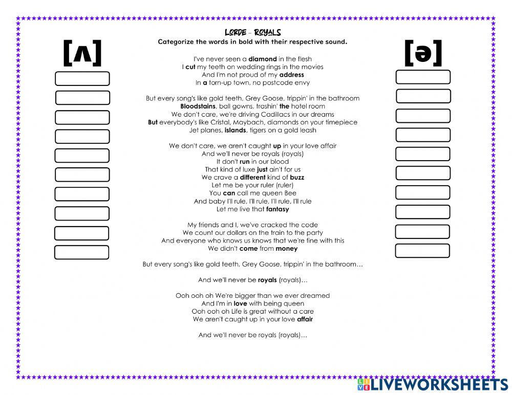 Lorde - Royals ʌ, ə online exercise for | Live Worksheets