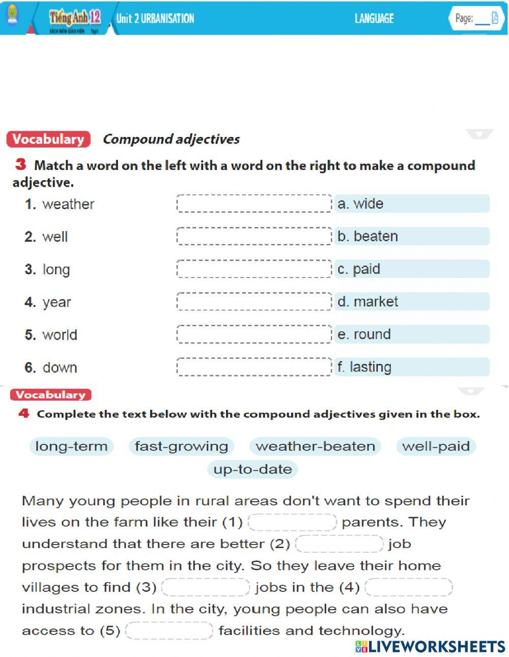 Unit 2. urbanisation. compound adjective worksheet | Live Worksheets