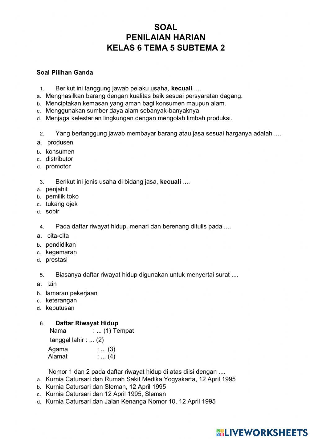 Kelas 6 tema 5 subtema 2 interactive worksheet | Live Worksheets