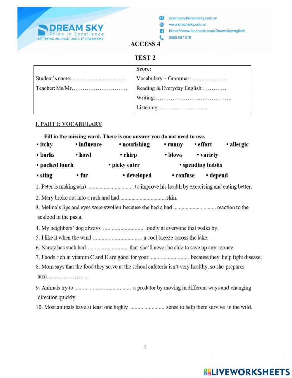 DS - Access 4 - Test 2 Vocab + Gr worksheet | Live Worksheets