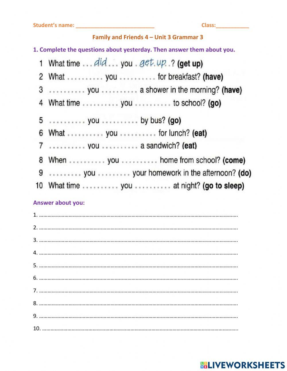 FF4 Unit 3 Grammar 3 worksheet | Live Worksheets