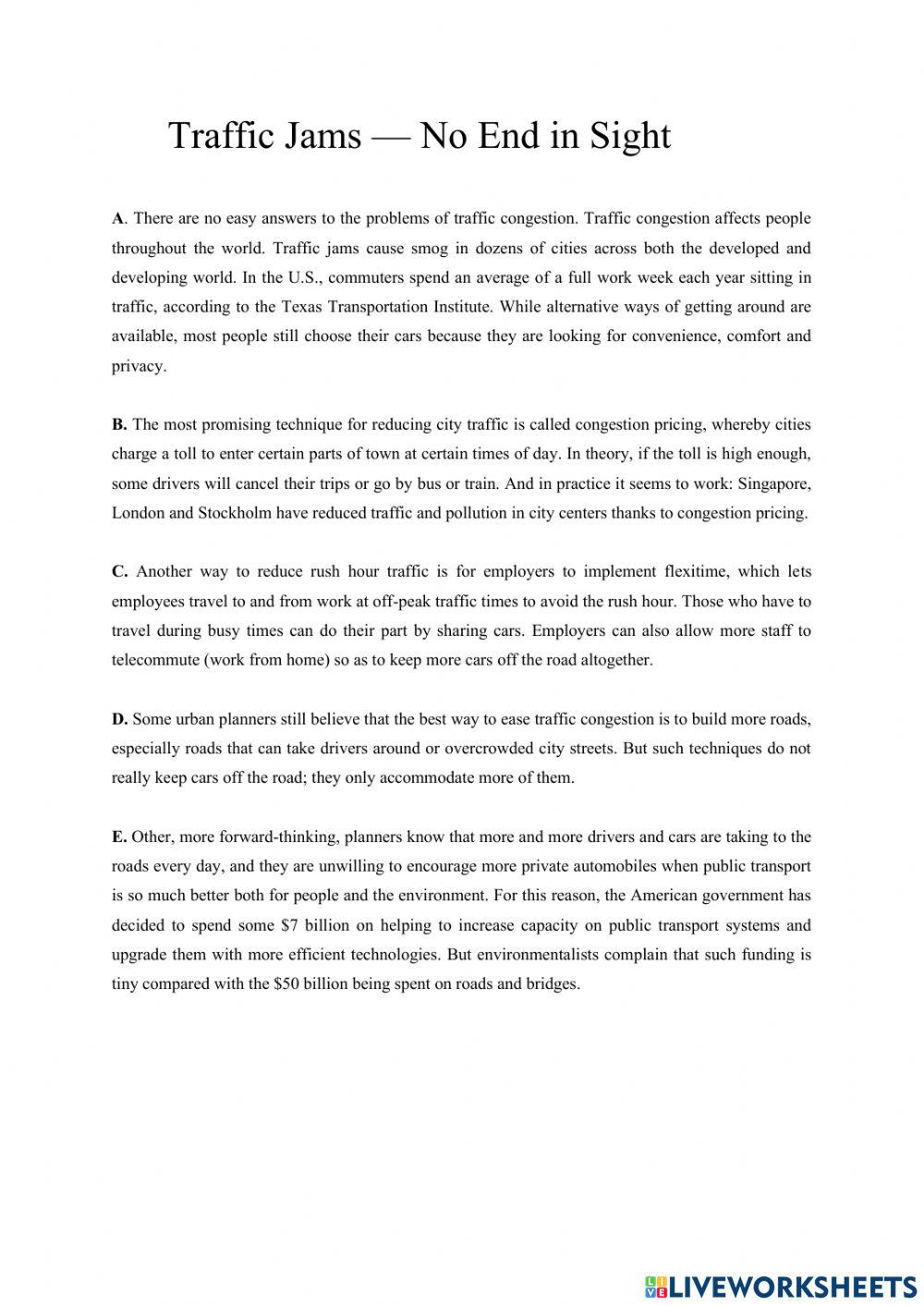 Traffic jams | Free Interactive Worksheets | 1545997