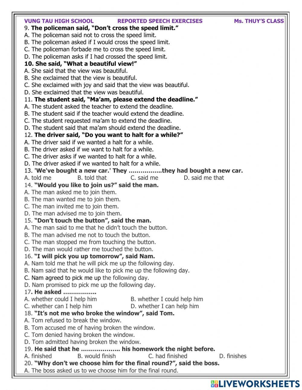 REPORTED SPEECH… | Free Interactive Worksheets | 6750310