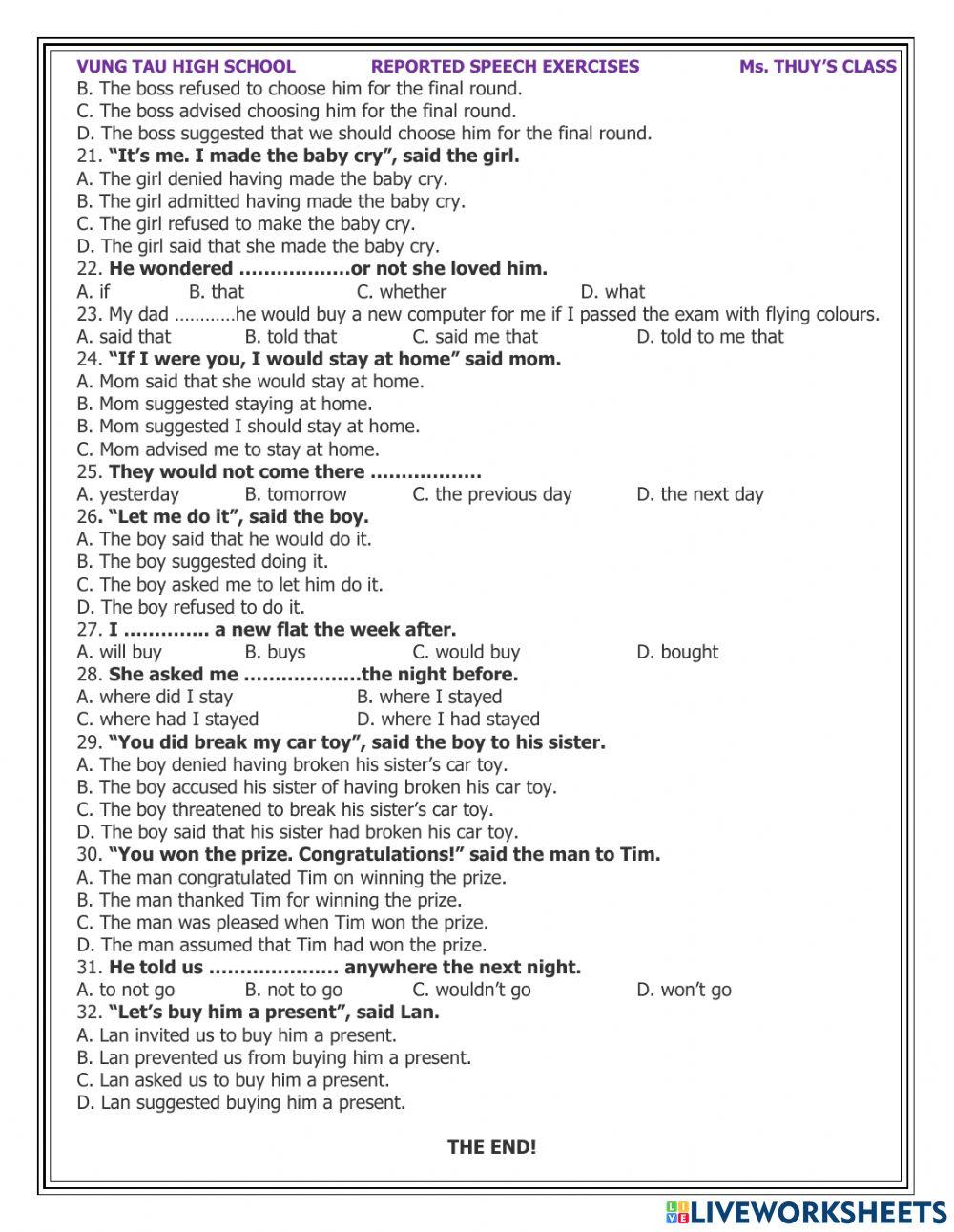 REPORTED SPEECH… | Free Interactive Worksheets | 6750310