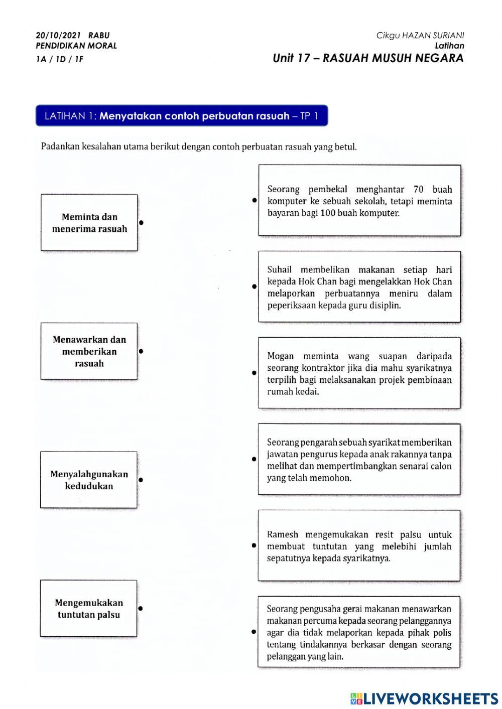 Unit 17 – RASUAH MUSUH NEGARA worksheet | Live Worksheets