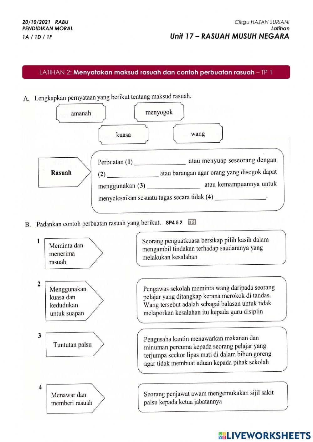 Unit 17 – RASUAH MUSUH NEGARA interactive worksheet | Live Worksheets