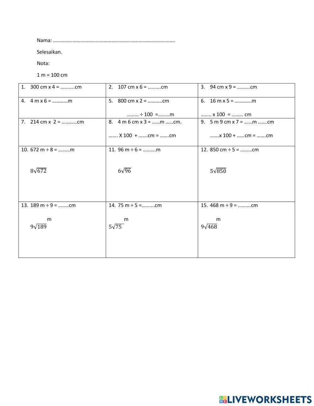 Darab dan bahagi unit ukuran panjang worksheet | Live Worksheets