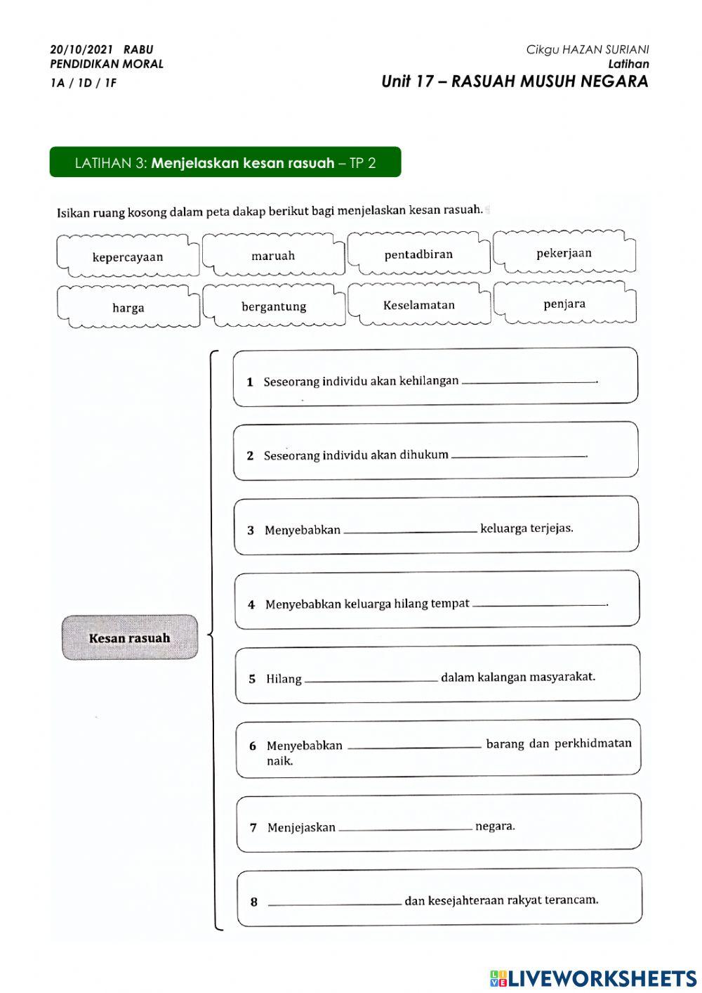 Unit 17 – RASUAH MUSUH NEGARA activity | Live Worksheets
