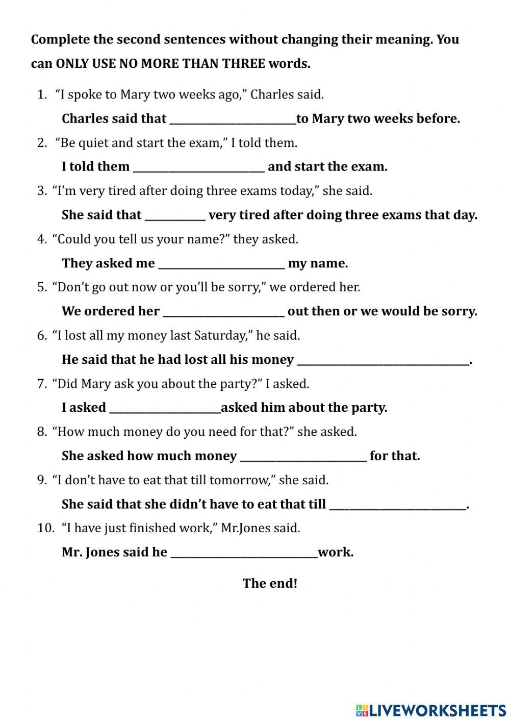 Reported speech online exercise for Grade 8, Grade 9 | Live Worksheets