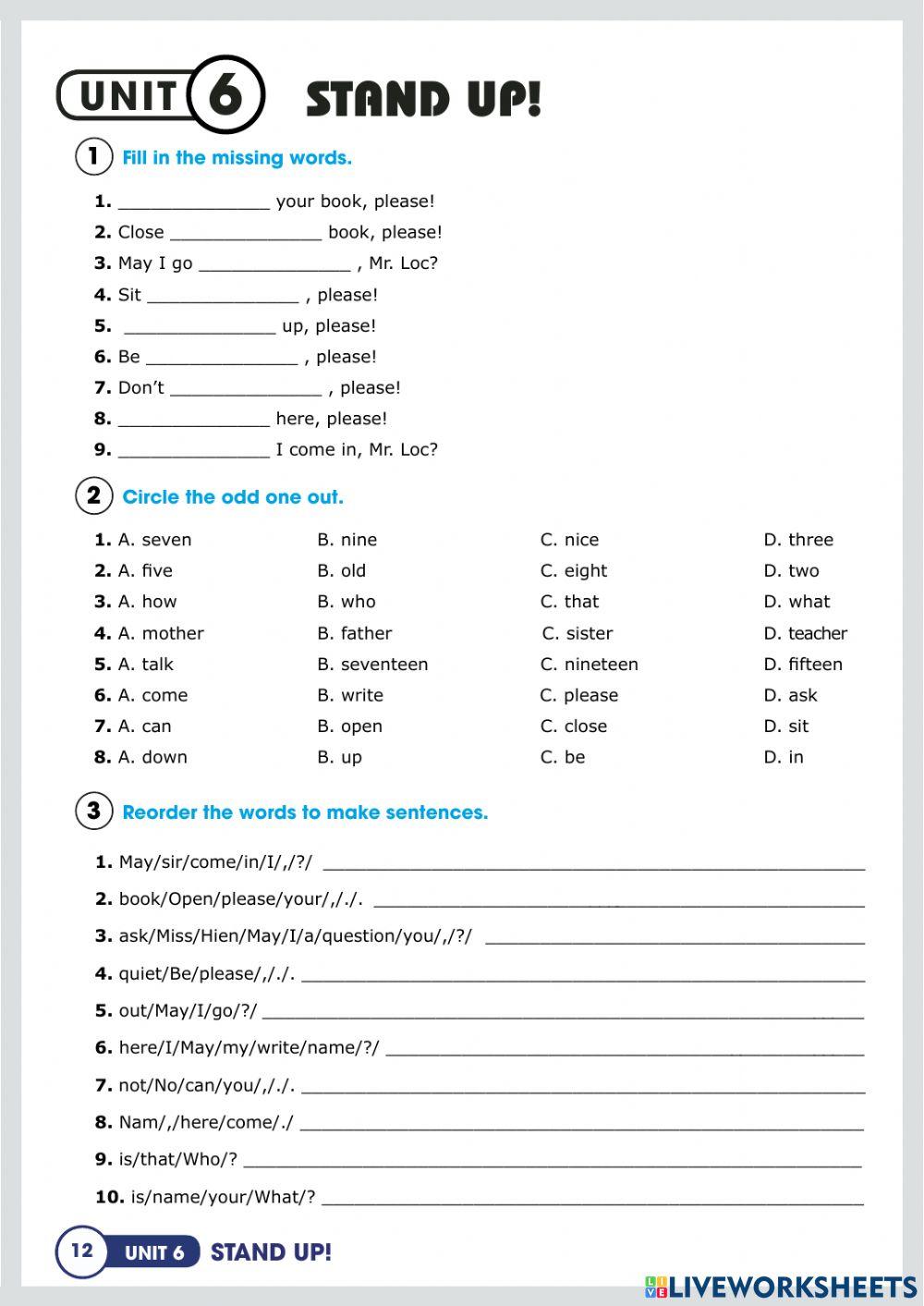 Unit 6 Stand up worksheet | Live Worksheets